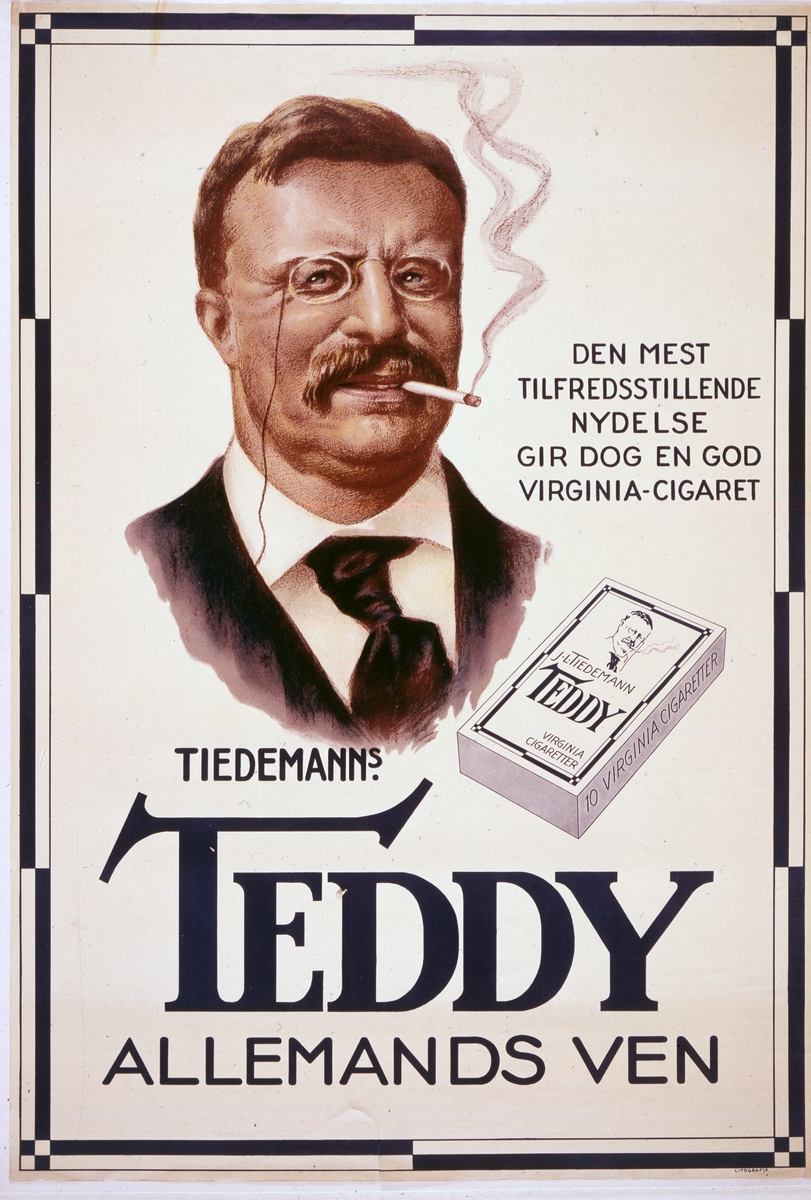 Avfotografert reklameplakat fra Tiedemanns Tobaksfabrik. Teddy ...
