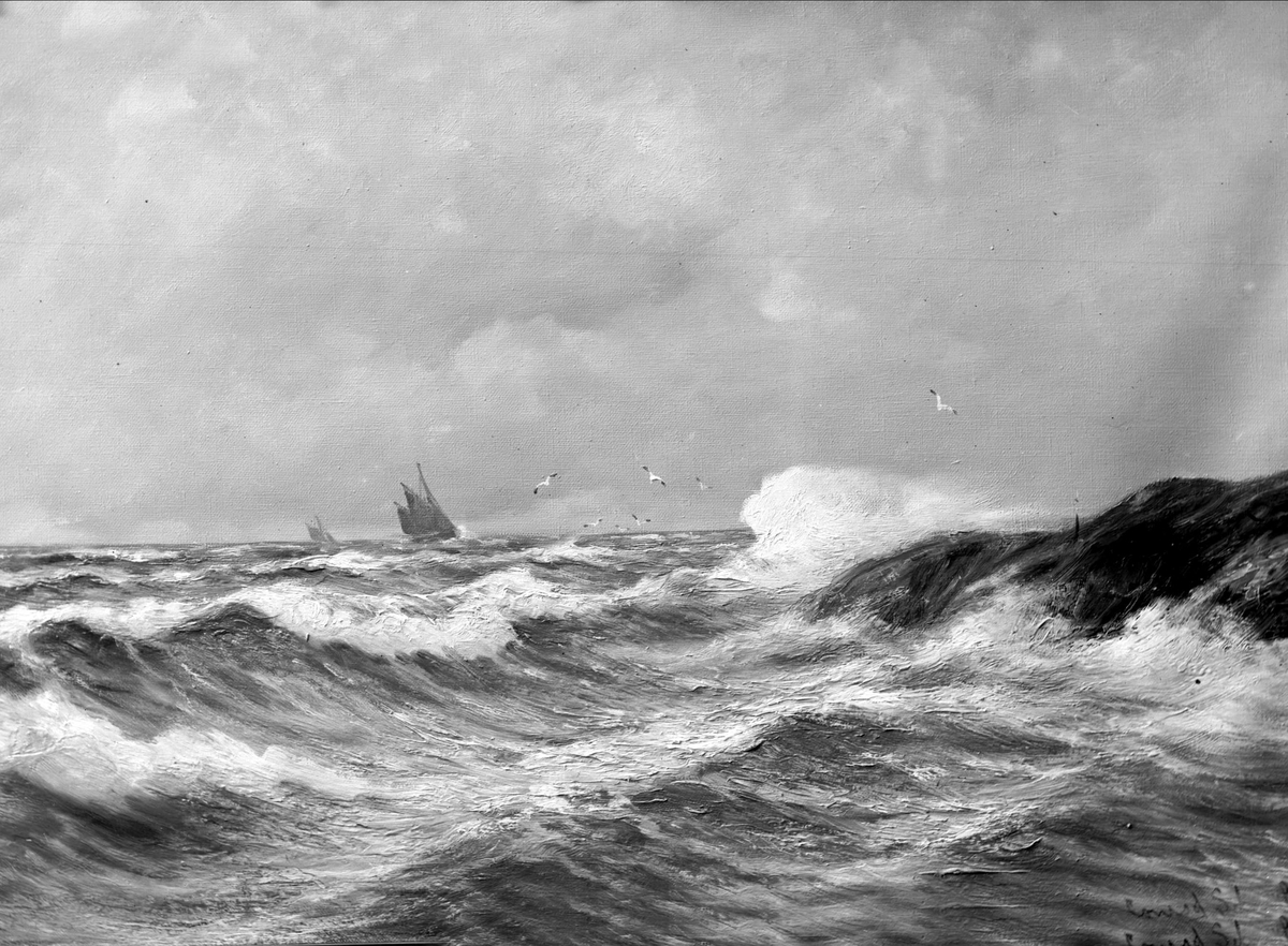 Avfotografert, bilde av storm på havet, skuter i bakgrunnen mot ...