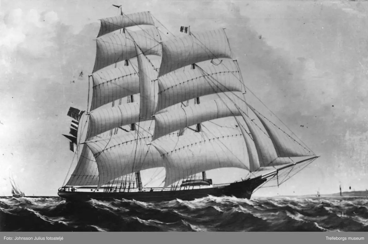 Foto av målning föreställande ett segelfartyg. Enligt Johnsons ...