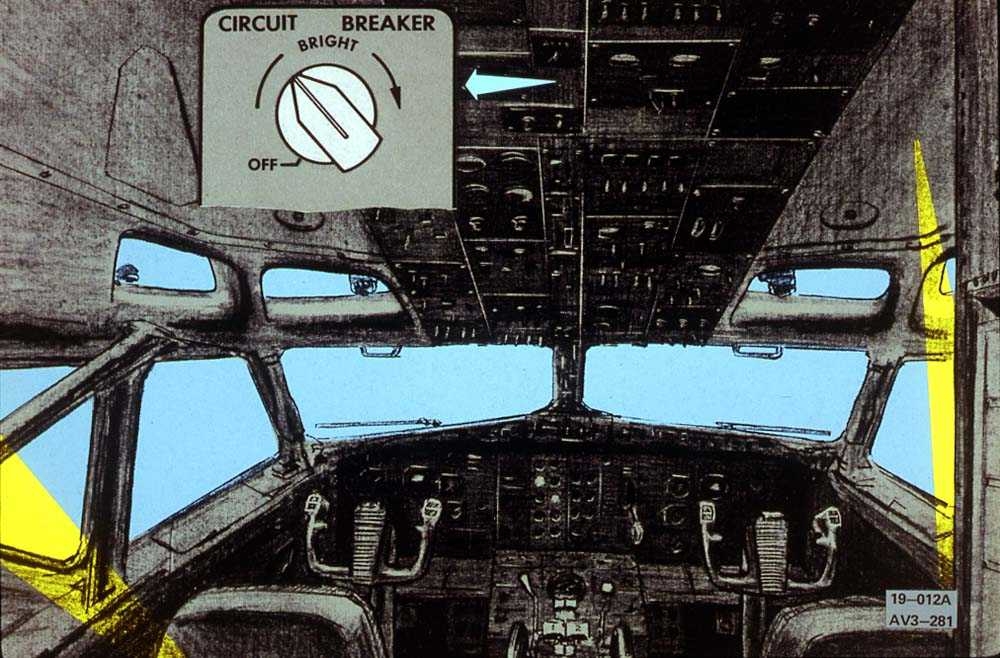 Tegning av cockpiten på et fly, Boeing 737-200. En bryter er forstørret ...