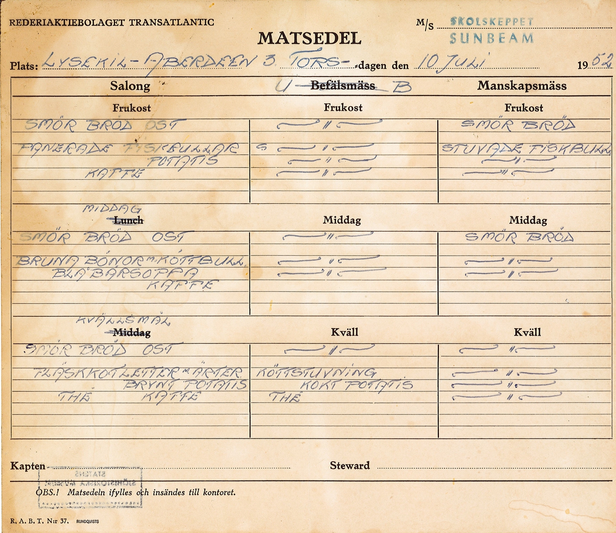 Matsedel - Sjöhistoriska museet / DigitaltMuseum