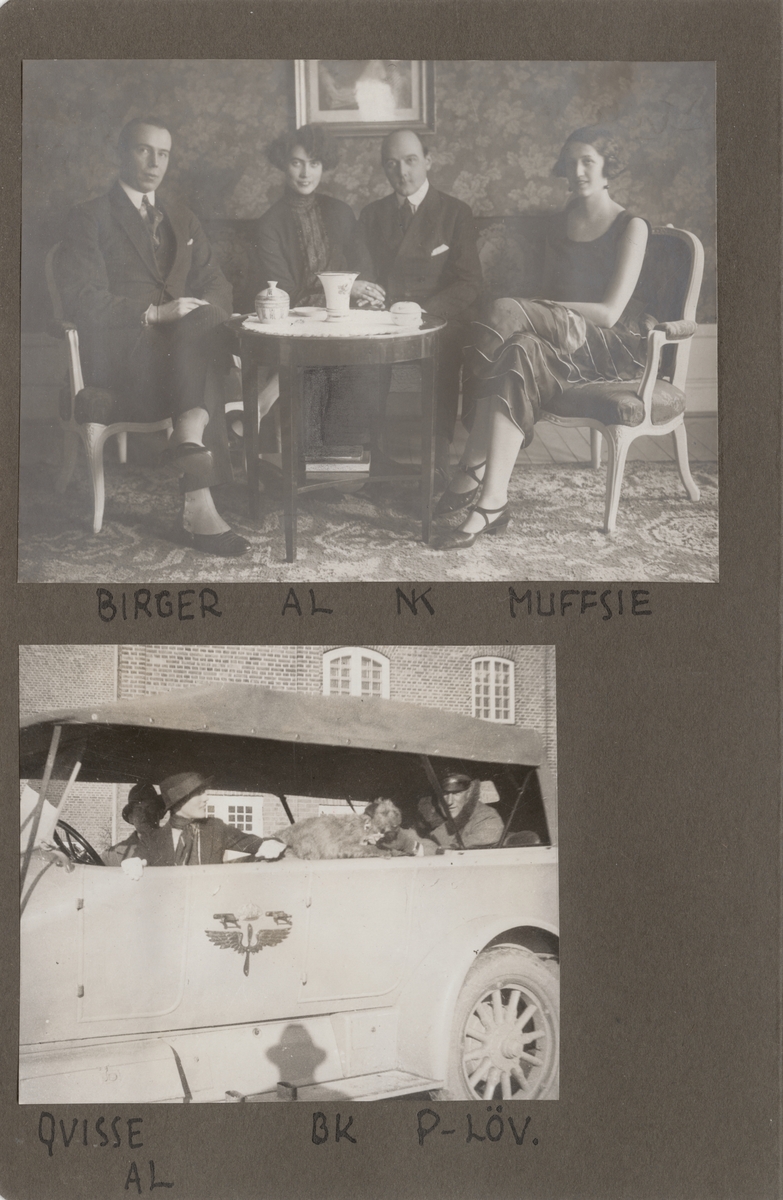 Grupporträtt. Fyra personer i en sittgrupp, inomhus, 1925. Från vänster ...