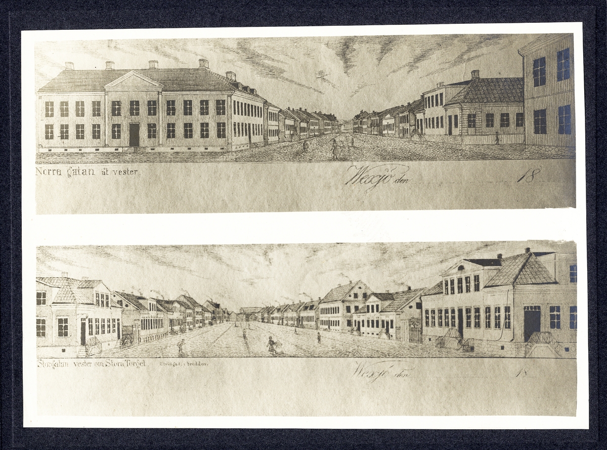 Två Växjö-vyer (eg. litograferade brevhuvuden). Den övre visar ...