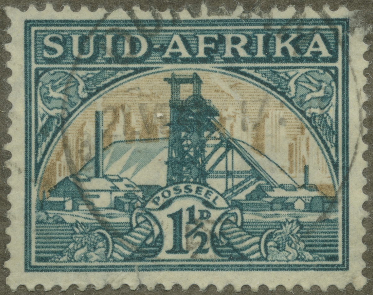 Frimärke med motiv av fabriksanläggning i Posseel, Sydafrika ...
