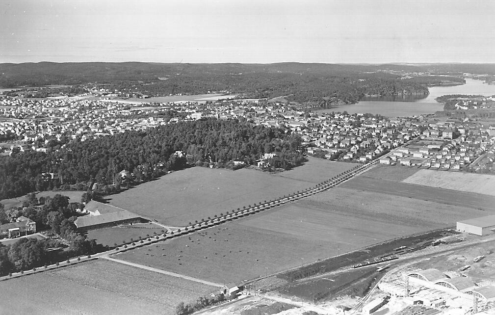 Borregaard Hovedgård med jorder, bak i bildet ser vi bybebyggelsen ...