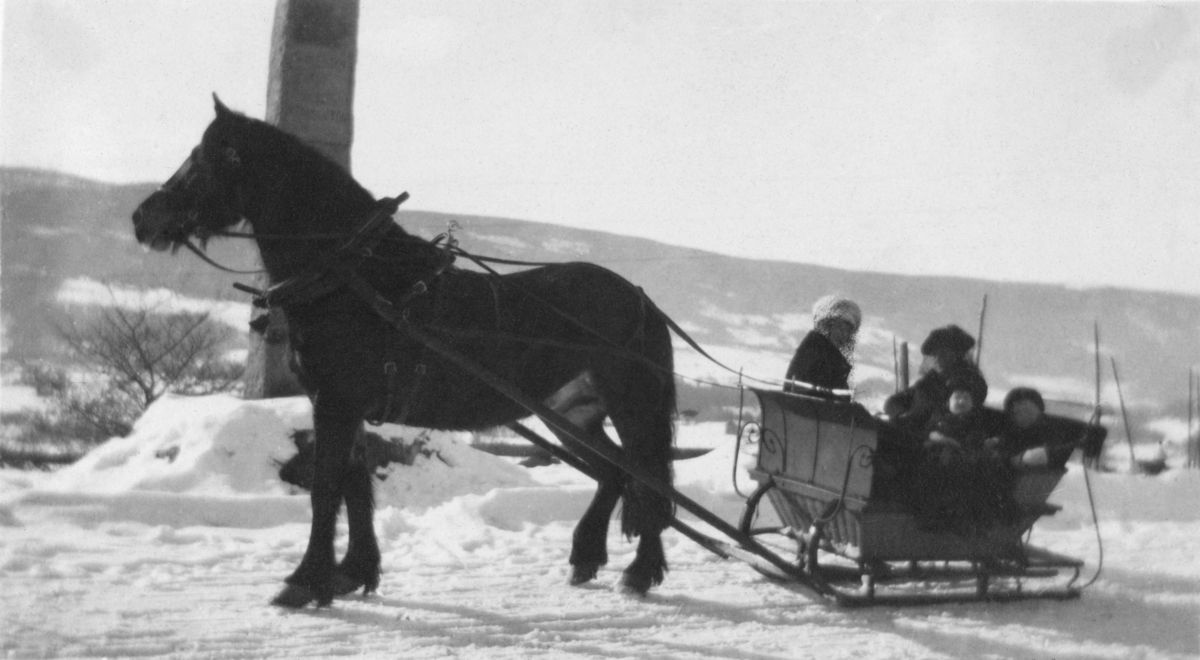Familien på tur med hest og slede ved støtta som stod ved Storhove ...