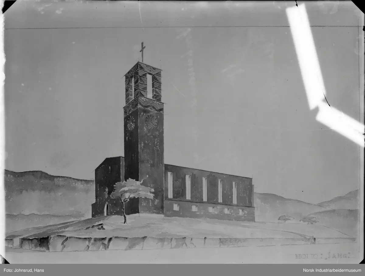 Tegning av kirke i sammenheng konkuranse om Notodden Kirke. Tilknyttet ...