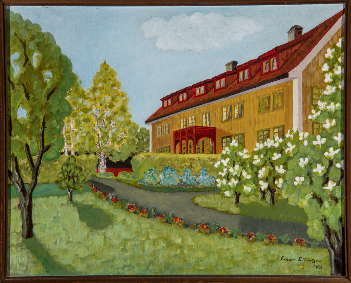 Maleri, eksteriør av Ecbo-skolen, Grimerud. Malt av Einar Eilertsen i ...