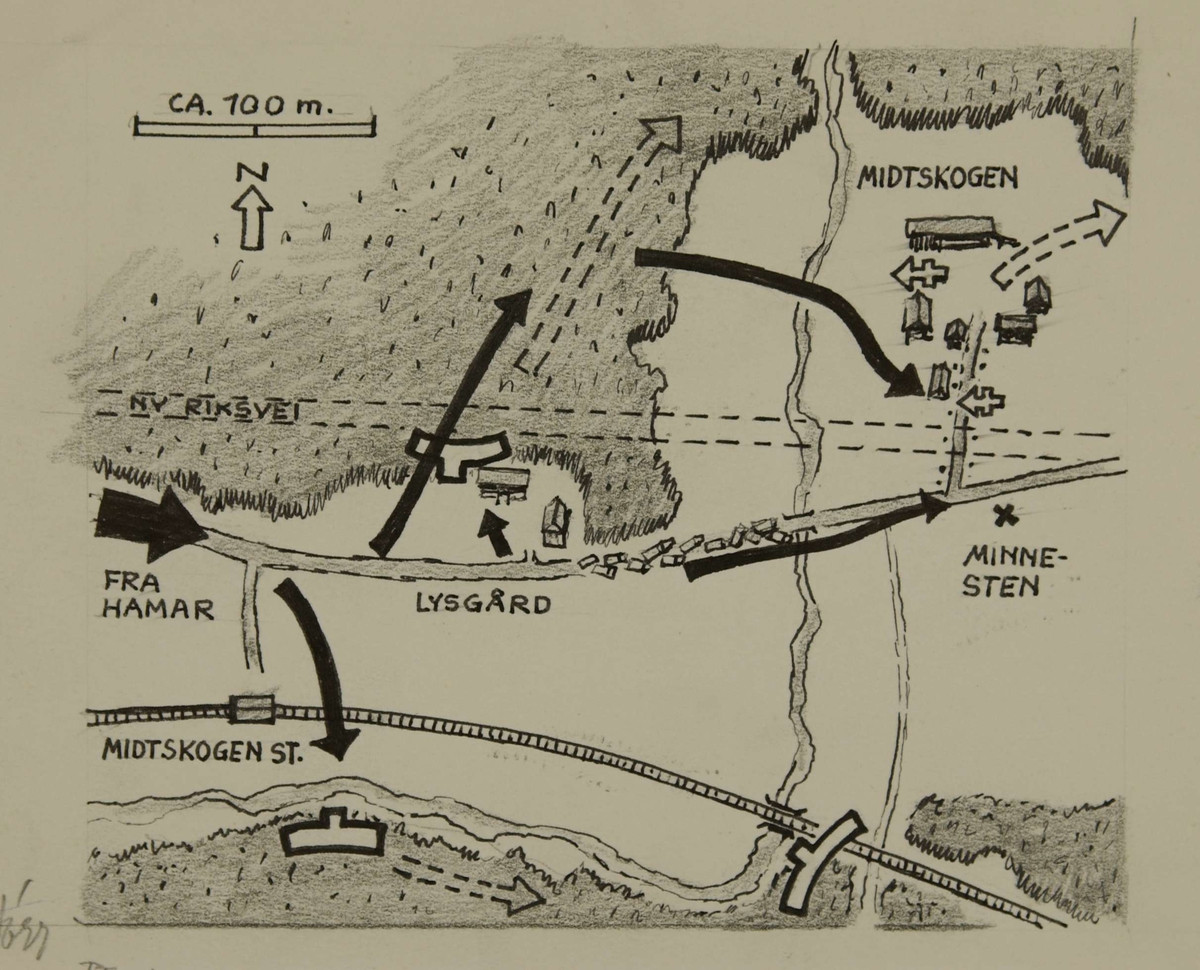 Kart over kampene ved Midtskogen. - Forsvarets museer / DigitaltMuseum