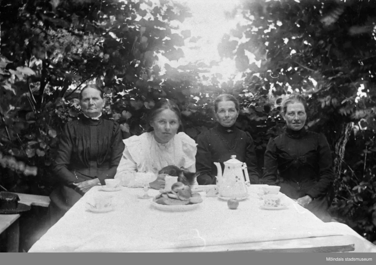 Från vänster sitter Maria Eriksson, Valdeborg Johansson med en katt i famnen, Josefina Eriksson ...