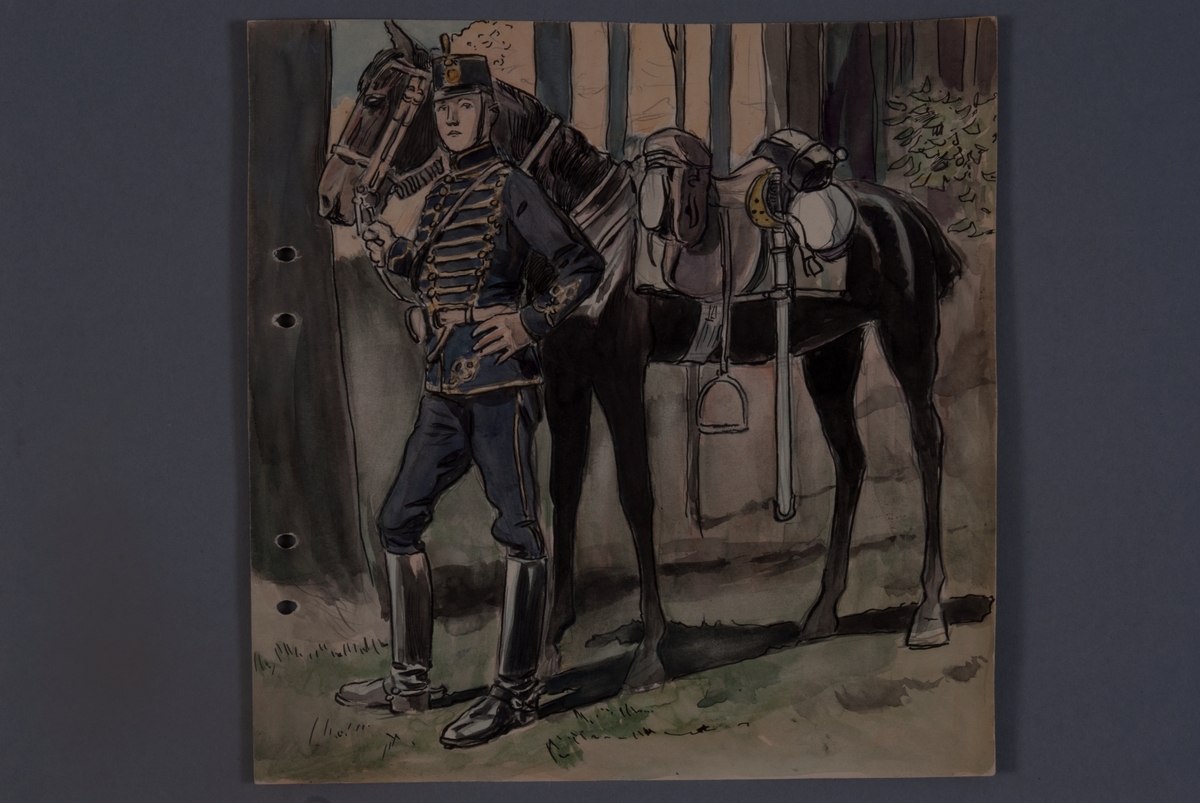 Plansch med uniform för Kronprinsens husarregemente K 7, ritad av Einar ...