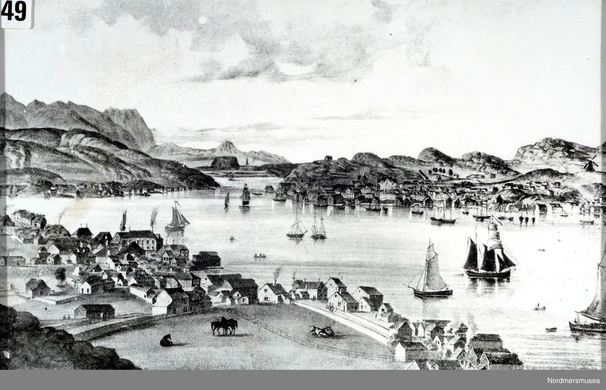 Tegning av det gamle Kristiansund. Bildet er datert til omkring 1830 ...