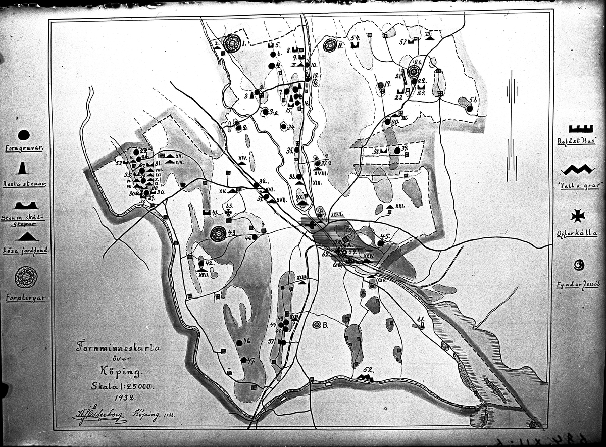 Fornminneskarta över Köping, 1932. - Köpings museum / DigitaltMuseum