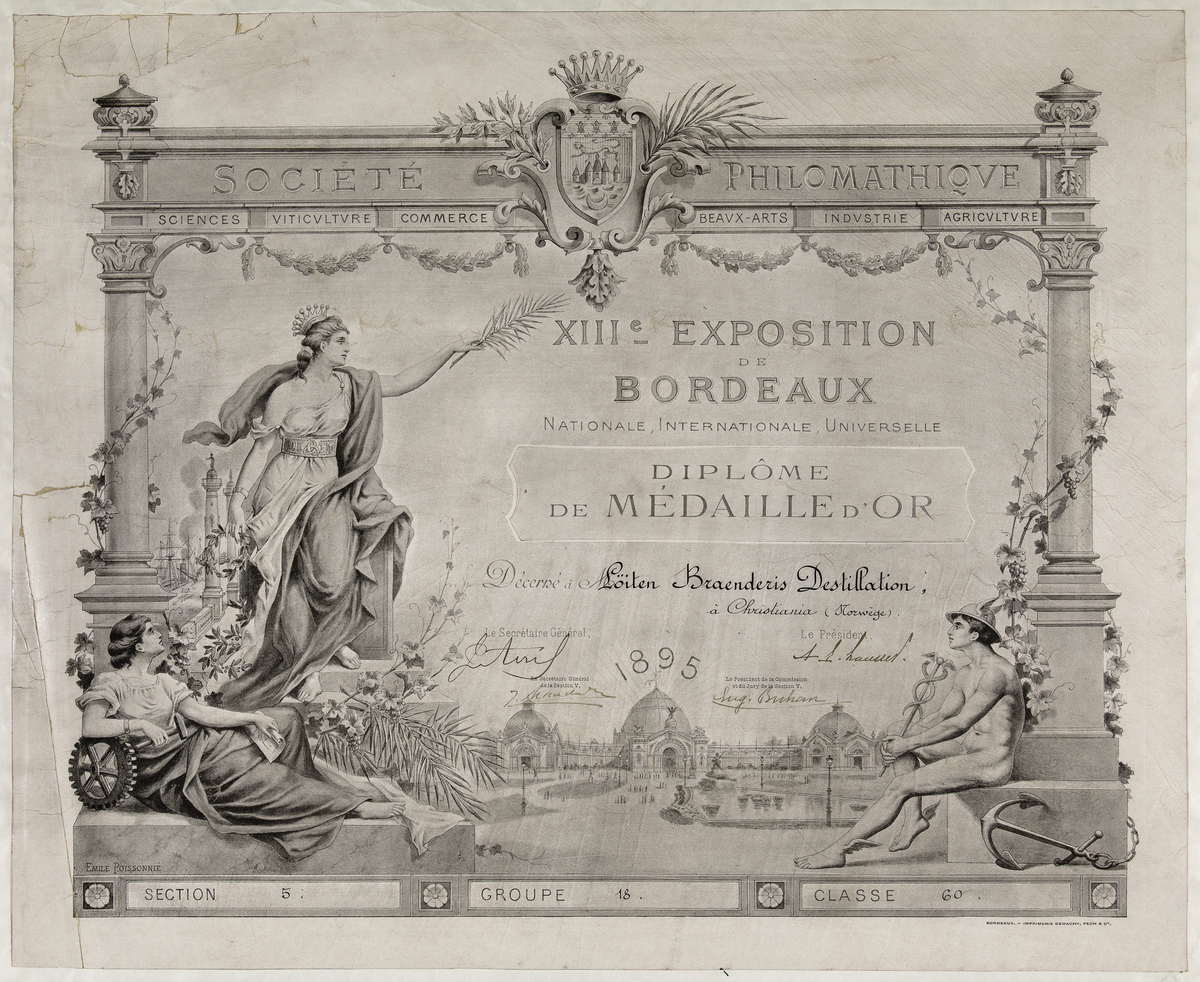 Gullmedalje gitt Løiten Destillation i Bordeaux 1895. - Atlungstad ...