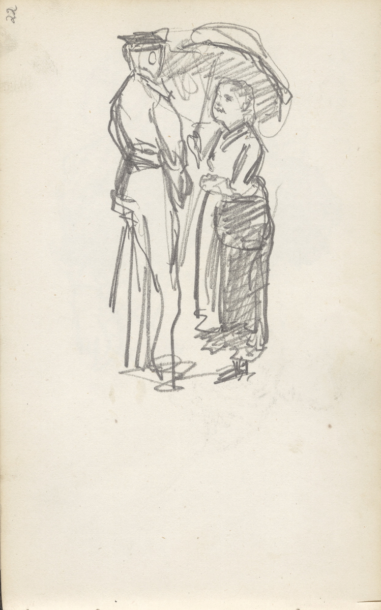 Kvinne med parasoll i samtale med uniformert mann [Tegning ...