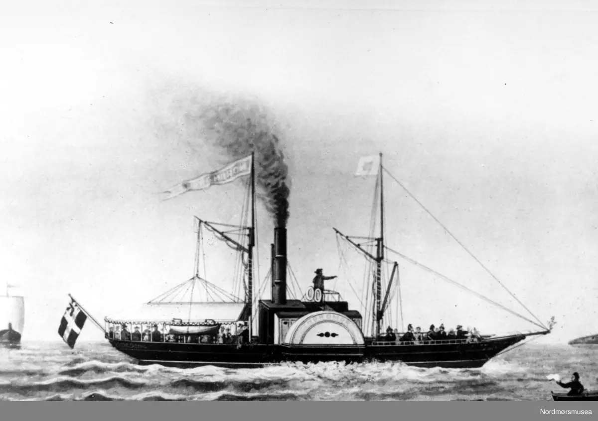 Tegning av dampskip. "Dampskibet "Nordmør" af Christiansund. Ført af ...
