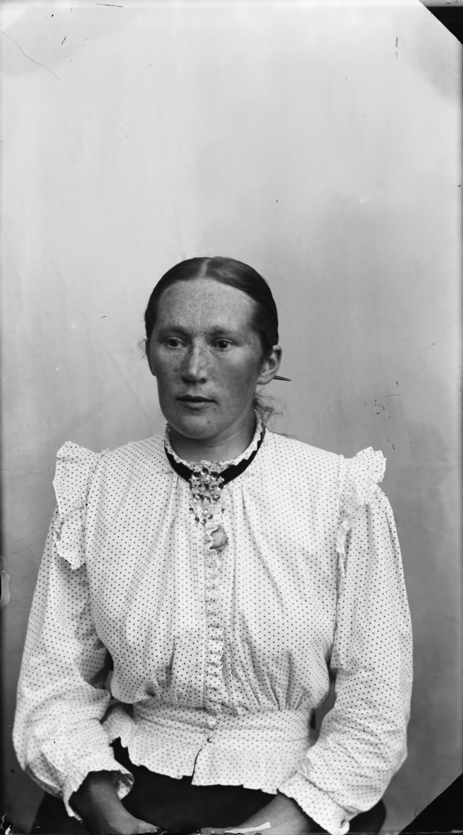 Portrett av kvinne med glatt hår med midtskille, kledd i lys jakke med ...