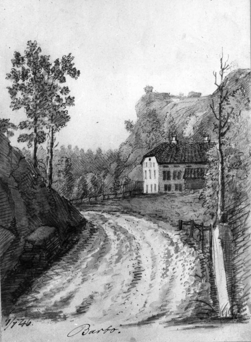 Gården Barbu, Arendal, Aust-Agder. Tegning av S.O. Wolff, 1846. -#N ...