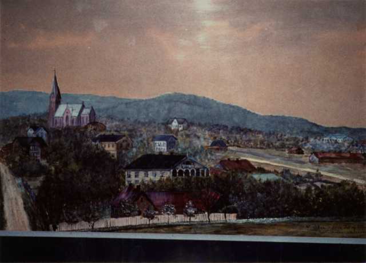 Ullevål, Oslo 1897. Tegning av Ullevålog Vestre Aker kirke mot åsene i ...