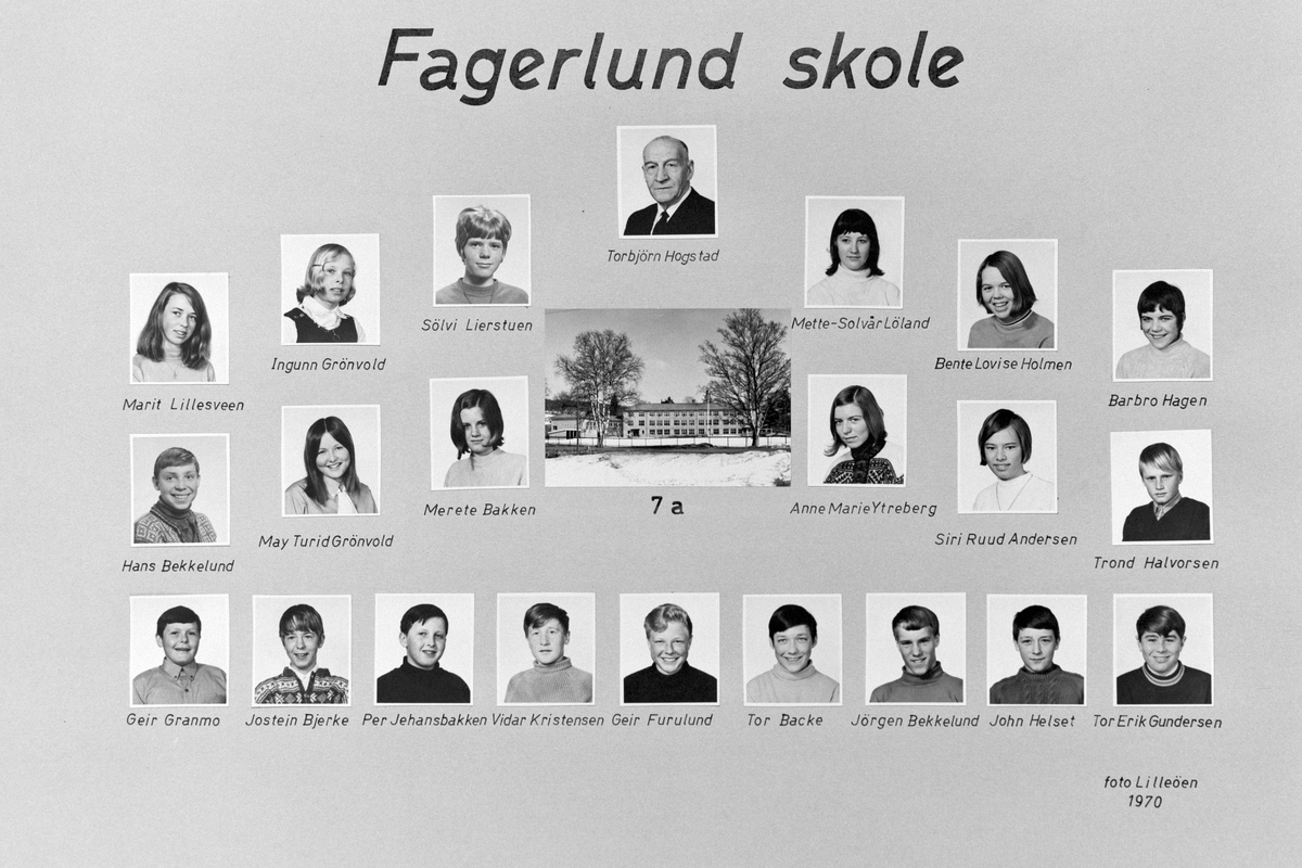 Fagerlund skole, portretter elever i 7A 1970. Montasje med navn. 1 ...